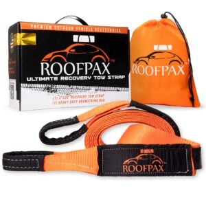 tow strap by roofpax | 3" x 20 ft. off road recovery rope | 30,180 lb break strength capacity | heavy duty winch strap with triple reinforced end loops | essential recovery kit for getting unstuck