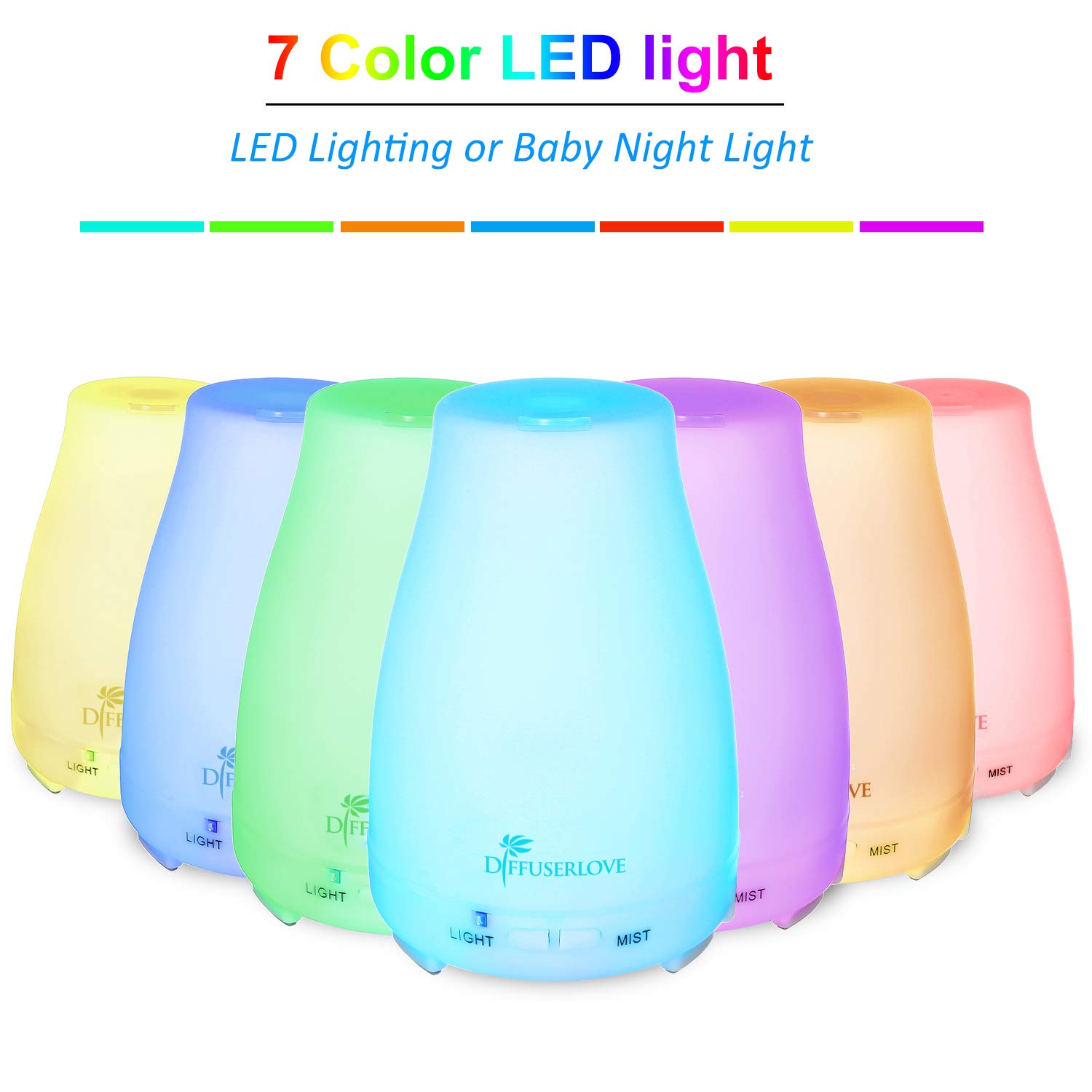 Diffuserlove 2 Pack 200ml Essential Oil Diffuser Ultrasonic Aromatherapy Diffuser Cool Mist Humidifiers with 7 Color LED Lights & Waterless Auto Shut-Off for Home Office Kitchen Bedroom