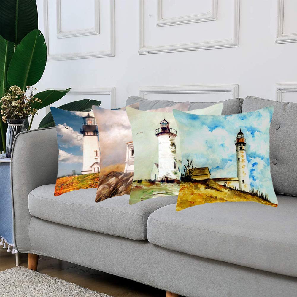 ShareJ 4 Pack Decorative Pillow Cover Waiting Lighthouse Throw Pillow Cases Home Decor Indoor Gift Kitchen Garden Sofa Bedroom Car Living Room 18"X18" Super Soft Pillowcase