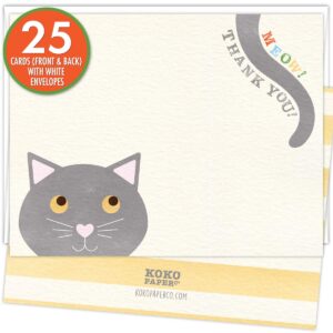 Koko Paper Co Meow! Thank you! Cat Thank You Cards. Set of 25 Cards and White Envelopes. Puur-fect Way to Say Thank You!