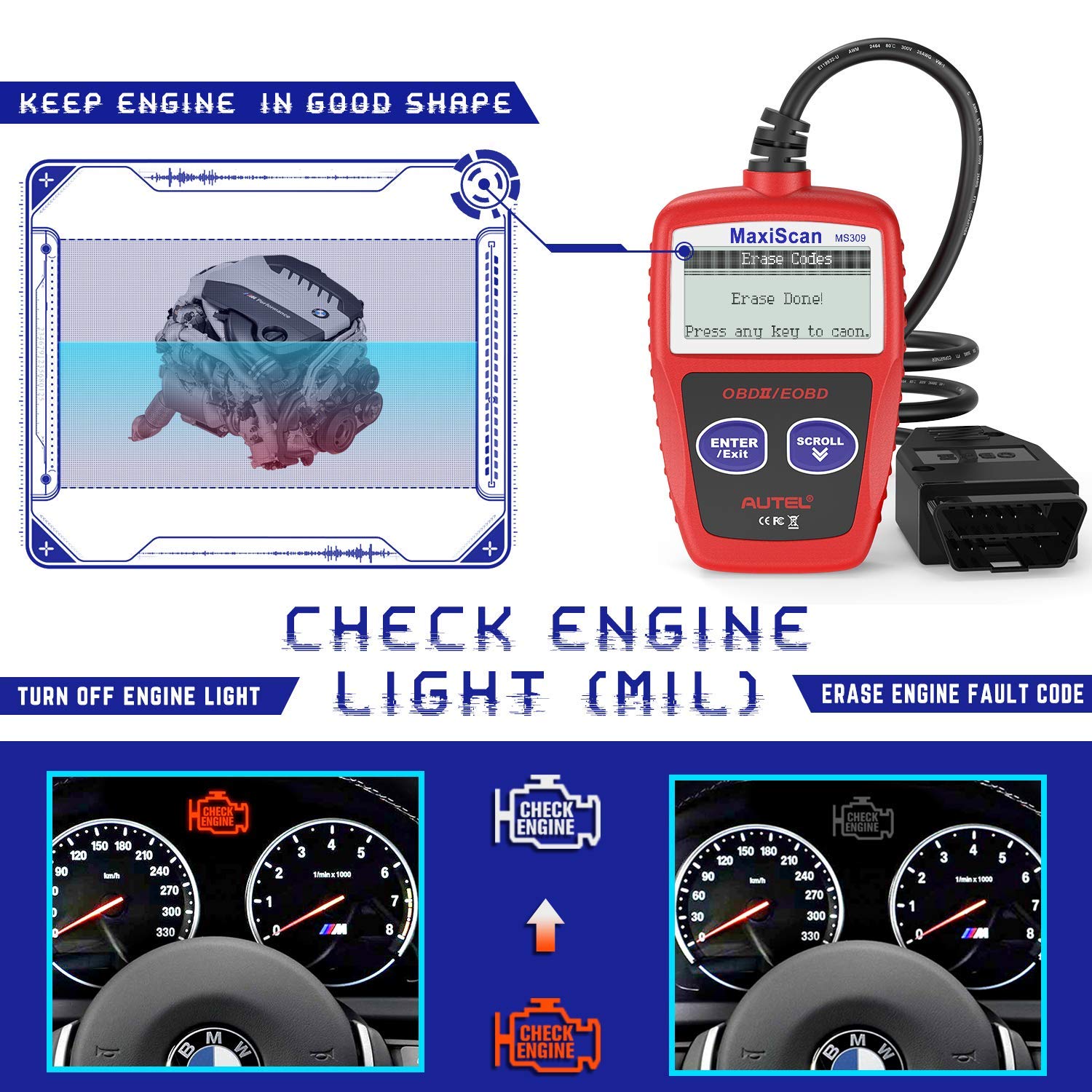 Autel OBD2 Scanner MS309 Universal Car Engine Fault Code Reader, Check Engine Light and Emission Monitor Status, OBDII CAN Diagnostic Scan Tool