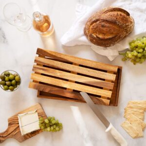 Villa Acacia Wood Bread Board - 12 x 7 in Handcrafted Wooden Cutting Board Slicer Tray with Handle﻿ Medium