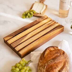 Villa Acacia Wood Bread Board - 12 x 7 in Handcrafted Wooden Cutting Board Slicer Tray with Handle﻿ Medium