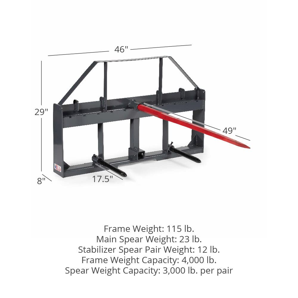 Titan Attachments UA USA Made Grey Hay Frame Attachment, 49" Hay Spear and Stabilizers, Rated 4,000 LB