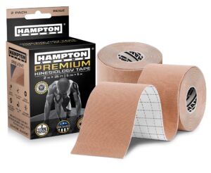 hampton adams (2 pack) premium kinesiology tape | athletic tape supports & protects muscles, knees, shoulders & plantar fasciitis | waterproof & hypoallergenic | beige uncut kinesiology tape