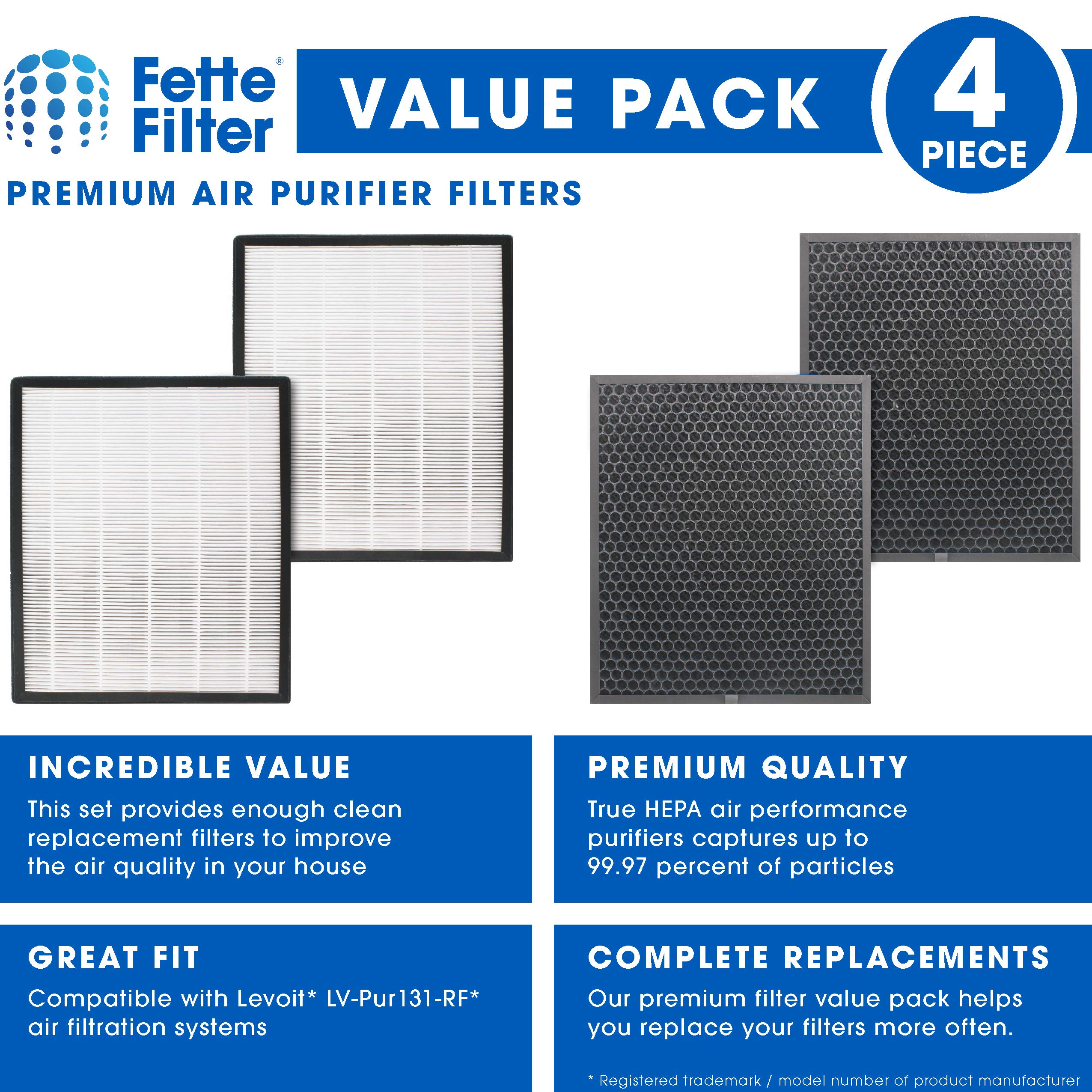 Fette Filter - LV-PUR131 Premium Replacement Filters Compatible with LEVOIT Air Purifier Models LV-PUR131s and LV-PUR13, LV-PUR131-RF, 2 Pack True HEPA and 2 Activated Carbon Filters.