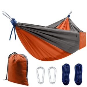 camping hammock, double & single portable hammocks with 2 tree straps and carabiners | easy assembly | lightweight parachute nylon hammocks for backpacking, travel, beach, hiking (gray/orange)