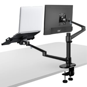 viozon monitor and laptop mount, 2-in-1 adjustable dual arm desk mounts single desk arm stand/holder for 17 to 32 inch lcd computer screens, extra tray fits 12 to 17 inch laptops (black)