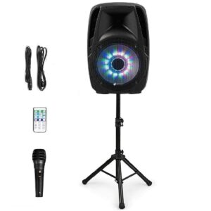 sonart 15" 1500w powered speakers, 2-way full range portable pa speaker system combo set with stands/illuminating light/microphone/eq/usb/bluetooth