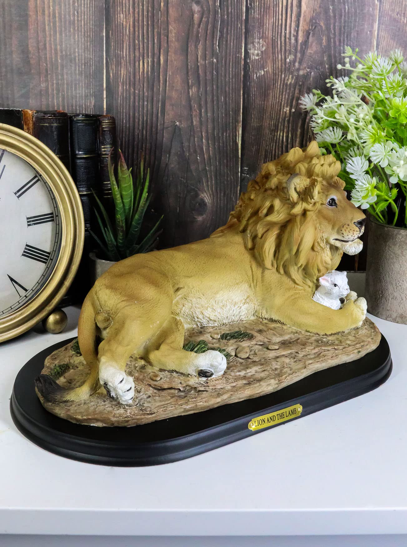 Ebros Gift Religious Christian Inspirational Lion and The Lamb Statue with Base and Brass Plate Title Home Decor Revelations 5 Sculptural Reproduction Jesus Christ Lion of Judah and Lamb of God