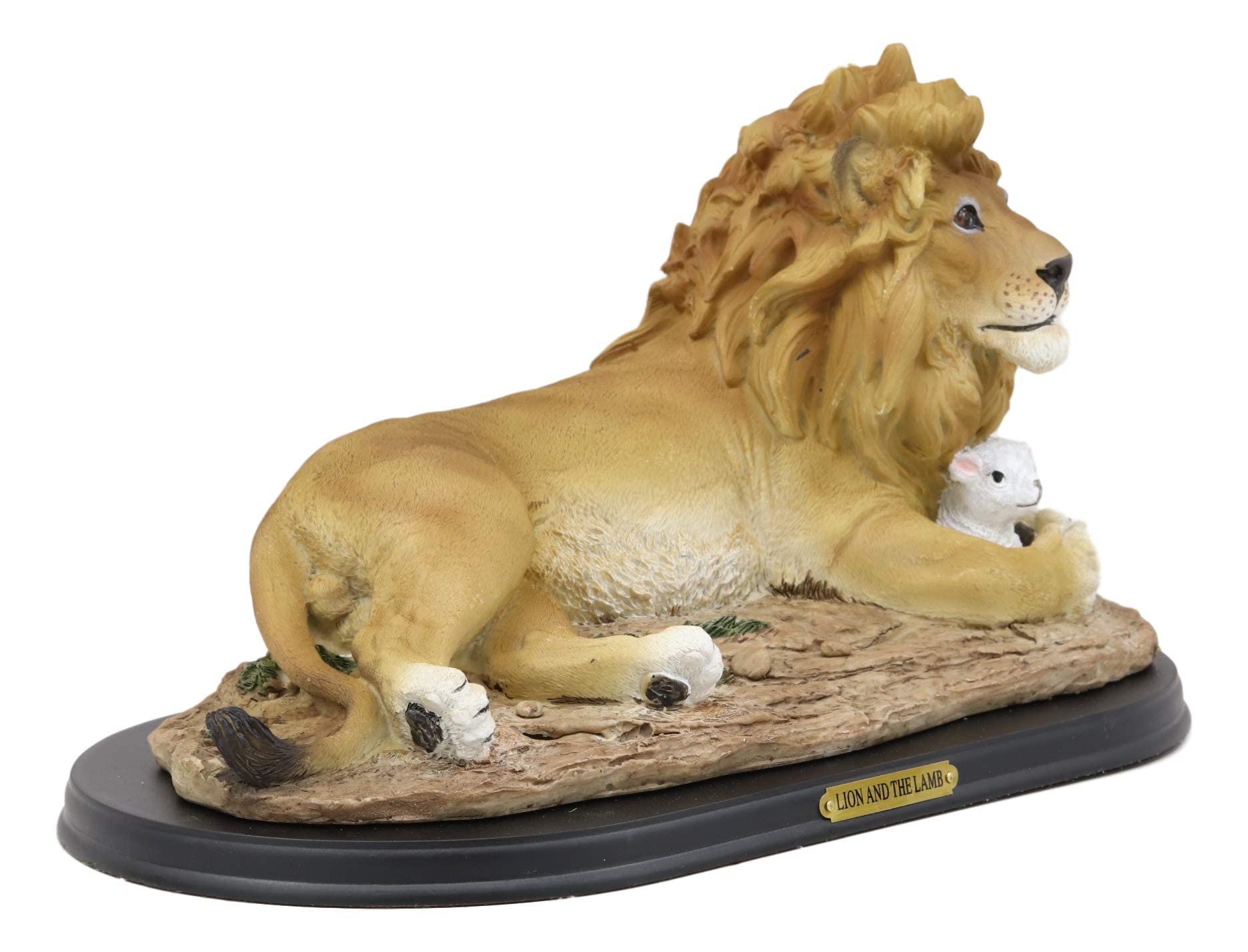 Ebros Gift Religious Christian Inspirational Lion and The Lamb Statue with Base and Brass Plate Title Home Decor Revelations 5 Sculptural Reproduction Jesus Christ Lion of Judah and Lamb of God