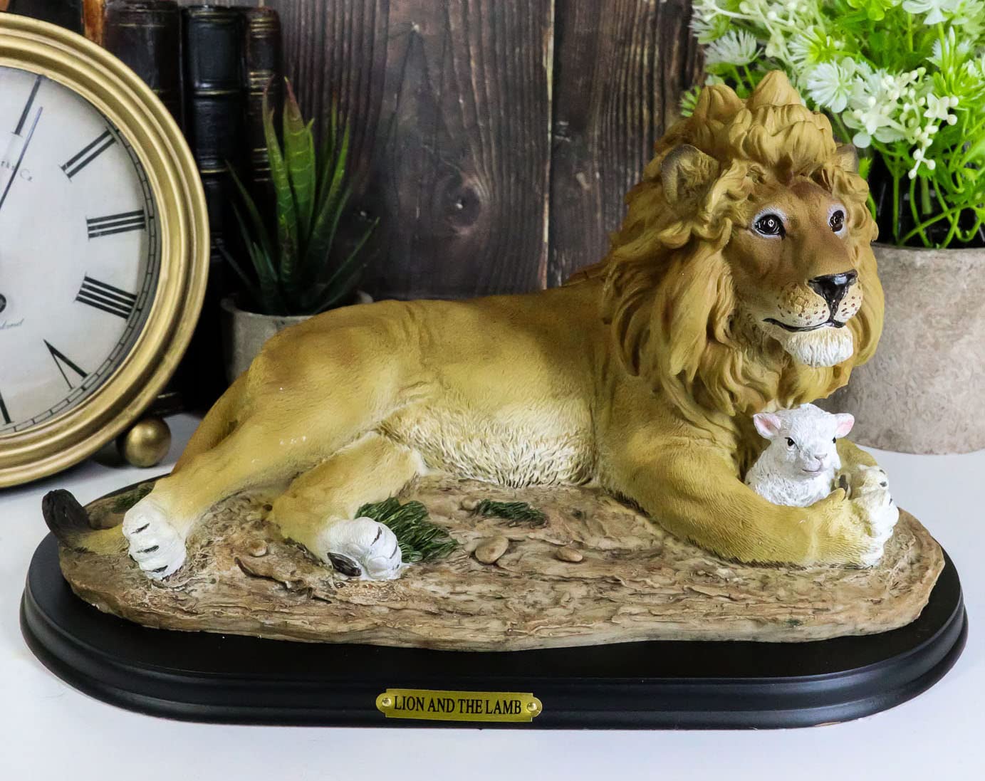 Ebros Gift Religious Christian Inspirational Lion and The Lamb Statue with Base and Brass Plate Title Home Decor Revelations 5 Sculptural Reproduction Jesus Christ Lion of Judah and Lamb of God