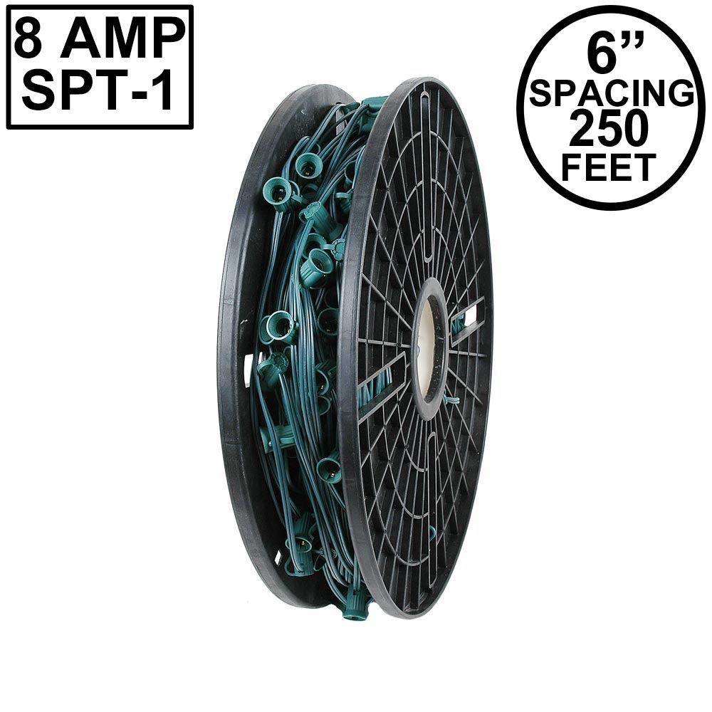 Novelty Lights 250 Foot C7 Christmas Stringer Bulk Reel, Green Wire, 6" Spacing, Candelabra Base (C7/E12), SPT-1 8 AMP Wire