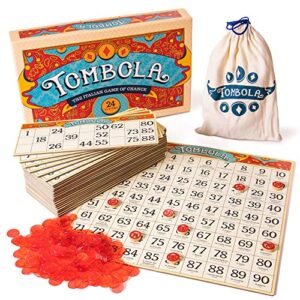 brybelly tombola bingo board game | the italian game of chance for family, friends and large parties up to 24 players | includes calling board, 90 tombolini tiles, 24 double-sided cards and 360 chips