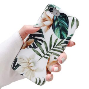 ooooops for iphone se2022 case, se2020 case, 8 case,7 case for women girls,green leaves with white floral pattern design, slim fit clear soft full-body protective phone cover (leaves & flowers)