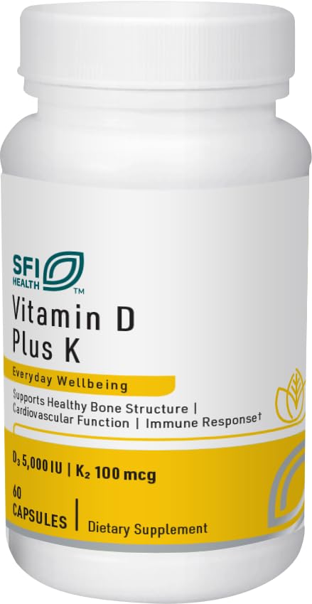 Klaire Labs Vitamin D Plus K - 5000 IU Vitamin D3 with Vitamin K2 MK-7, Bioavailable Formula - Bone, Cardiovascular & Immune Support Supplement (60 Capsules)