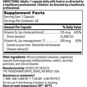 Klaire Labs Vitamin D Plus K - 5000 IU Vitamin D3 with Vitamin K2 MK-7, Bioavailable Formula - Bone, Cardiovascular & Immune Support Supplement (60 Capsules)