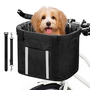 anzome upgraded dog carrier bike basket, detachable handlebar front basket with reflective stripes and adjustable dog seatbelts for safe night riding and convenient detachable use