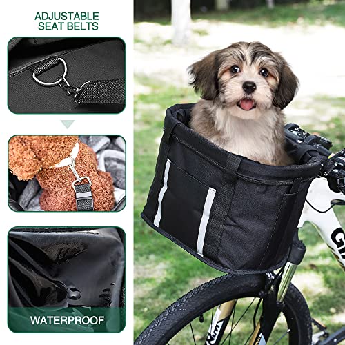 ANZOME Upgraded Dog Carrier Bike Basket, Detachable Handlebar Front Basket with Reflective Stripes and Adjustable Dog Seatbelts for Safe Night Riding and Convenient Detachable Use