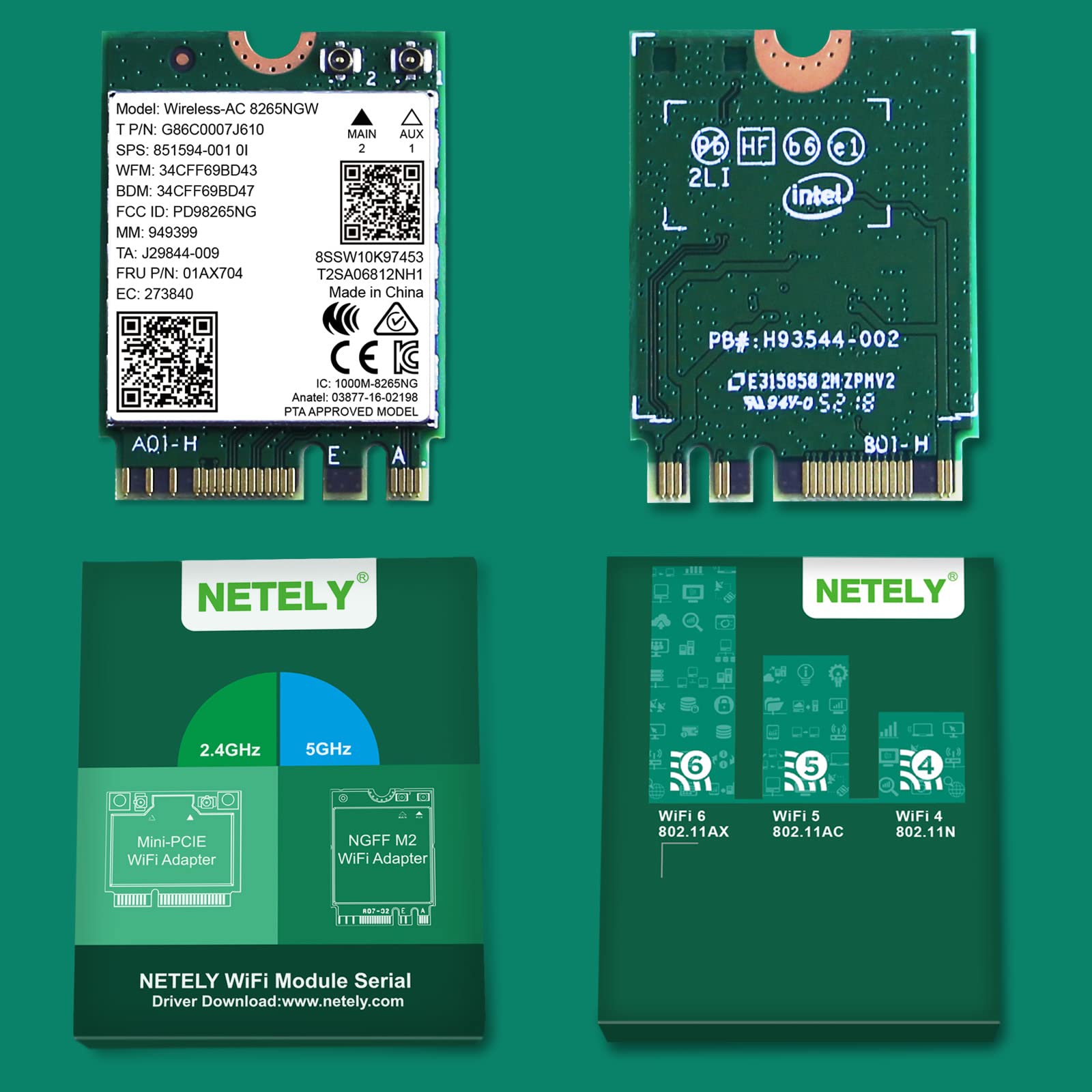 NETELY Wireless-AC 8265NGW Wireless-AC 1200Mbps NGFF M2 Interface WiFi Adapter with Bluetooth 4.2 for Laptop PCs, 2.4GHz 300Mbps & 5GHz 867Mbps Wireless Network Card (Wireless-AC 8265NGW)