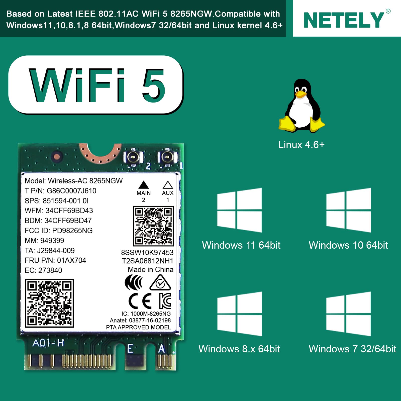 NETELY Wireless-AC 8265NGW Wireless-AC 1200Mbps NGFF M2 Interface WiFi Adapter with Bluetooth 4.2 for Laptop PCs, 2.4GHz 300Mbps & 5GHz 867Mbps Wireless Network Card (Wireless-AC 8265NGW)