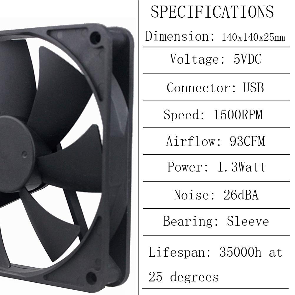 GDSTIME 140mm x 140mm x 25mm 5V USB DC Brushless Cooling Fan