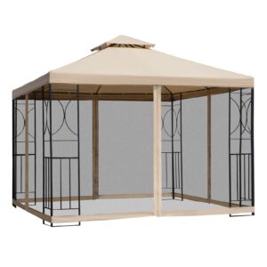 outsunny 10' x 10' patio gazebo with corner shelves, outdoor gazebo canopy shelter with netting, and vented roof, for garden, lawn, backyard and deck