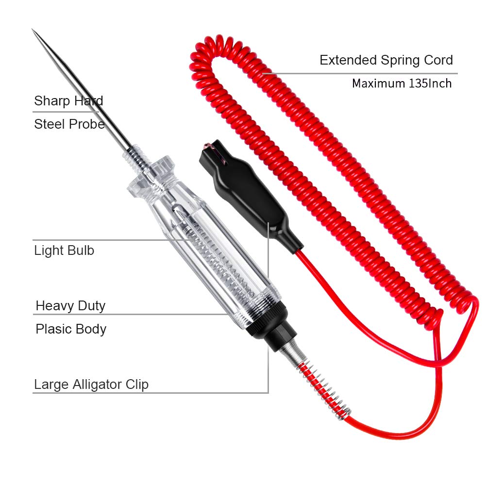 Heavy Duty Automotive Circuit Tester, Premium 6-24V Test Light with Extended Spring Test Leads & Sharp Piercing Probe, Circuit Voltage Tester with Replacement Indicator Light for Car/Vehicles