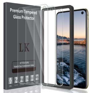 lk 3 pack screen protector designed for samsung galaxy s10e tempered glass new verison - camera hole opened frame installation hd clear, 9h hardness, case friendly