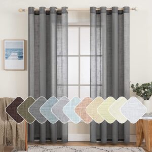 miulee 2 panels natural linen semi sheer window curtains elegant solid dark grey drapes grommet top window voile panels linen textured panels for bedroom living room (52x96 inch)