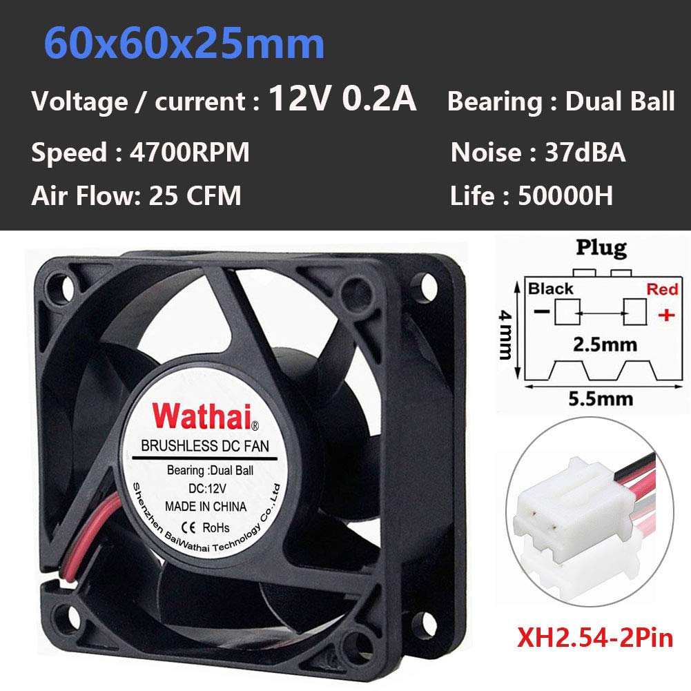 Wathai 60mm x 60mm x 25mm 12V 2P Dual Ball DC Case Fan Brushless Cooling Fan