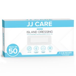 jj care adhesive island dressing [pack of 50], 4” x 10” sterile island wound dressing, breathable bordered gauze dressing, individually wrapped island wound bandages with non-stick central pad