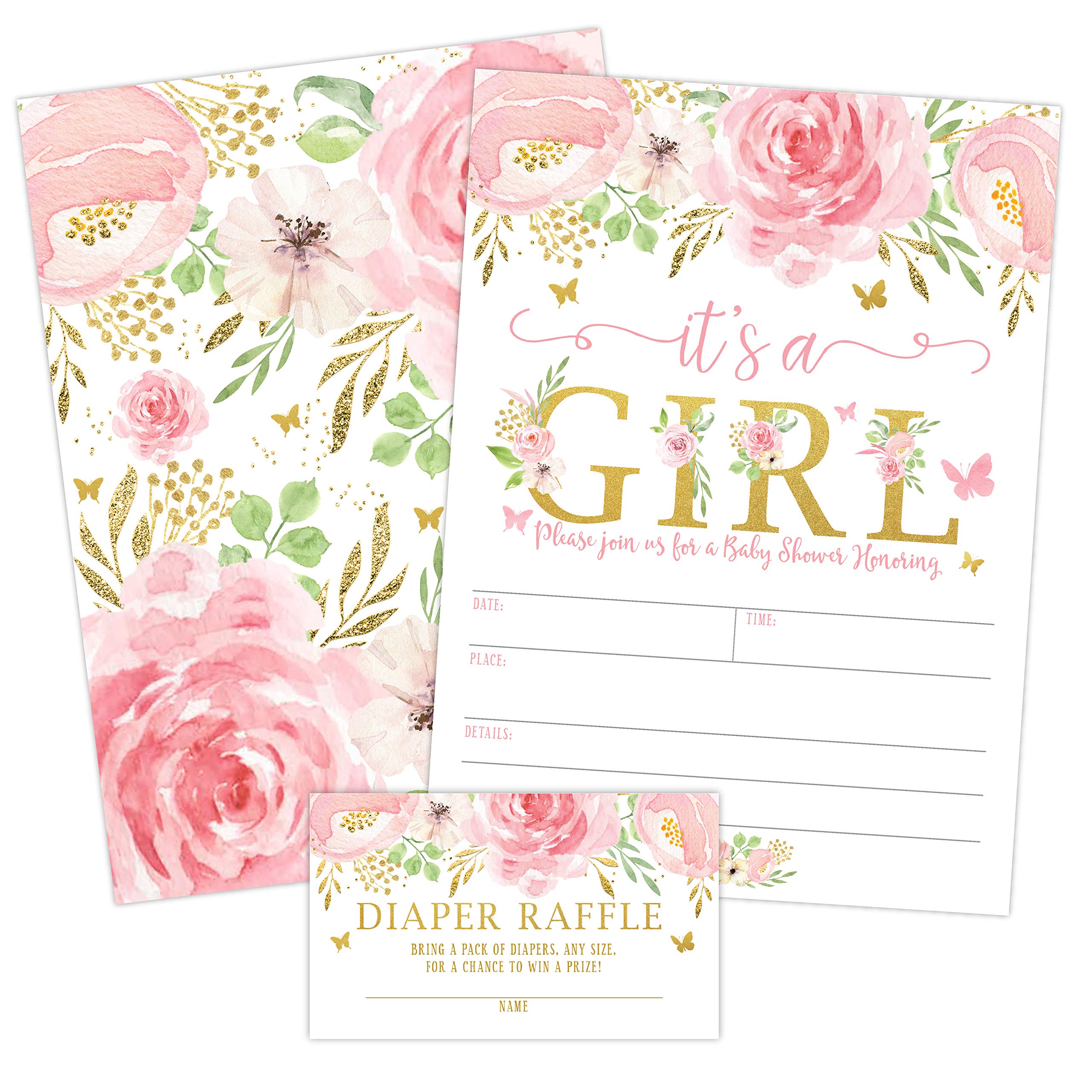 Your Main Event Prints It's a Girl Floral Butterfly Baby Shower Invitation, Pink and Gold Flowers Sprinkle Invites with Diaper Raffle Ticket Cards