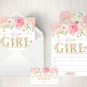 Your Main Event Prints It's a Girl Floral Butterfly Baby Shower Invitation, Pink and Gold Flowers Sprinkle Invites with Diaper Raffle Ticket Cards