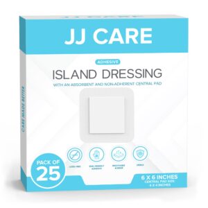 jj care adhesive island dressing [pack of 25], 6x6 sterile bordered gauze dressing, breathable island wound dressing individually wrapped with highly absorbent non-stick center pad