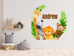 jungle animals custom name wall decal - baby safari animals series theme wall art decal - wall decal for nursery bedroom playroom decoration (wide 15"x13" height)