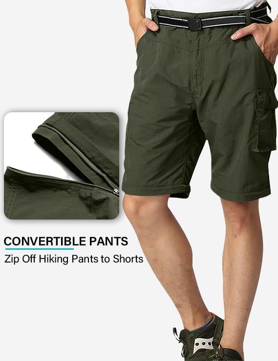 Hiking Pants for Men Convertible Zip Off Outdoor Quick Drying Lightweight Work Fishing Relaxed Fit Cargo Safari Pants#225 Army Green-29