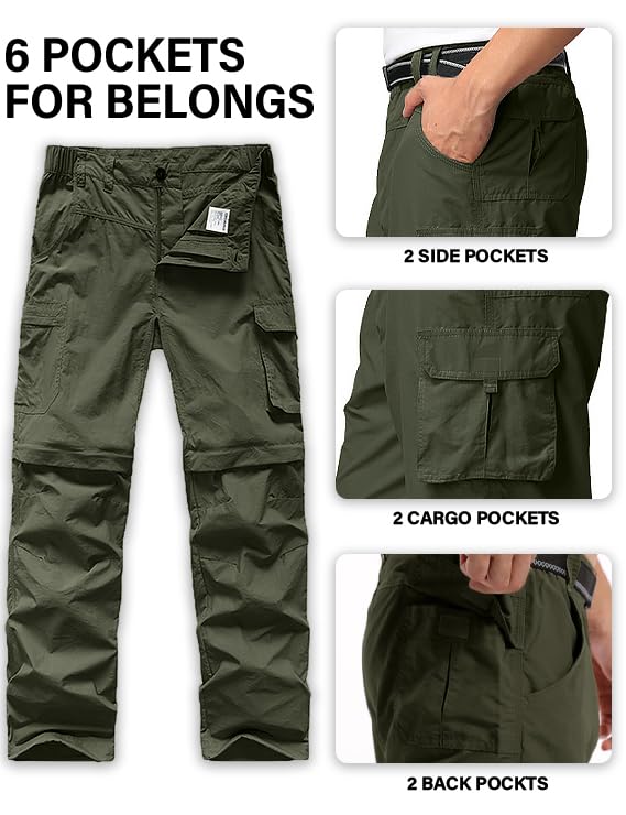 Hiking Pants for Men Convertible Zip Off Outdoor Quick Drying Lightweight Work Fishing Relaxed Fit Cargo Safari Pants#225 Army Green-29