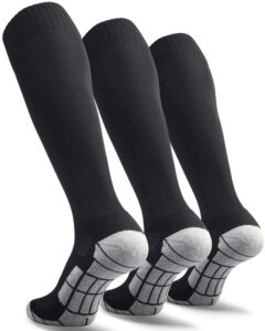 cwvlc youth soccer socks 3 pairs girls boys volleyball sport team athletic knee high long tube cotton compression socks black medium (5y-7y youth/6-10 women)