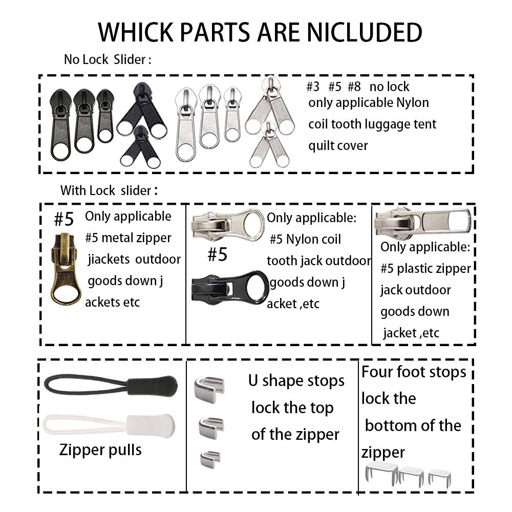 Meikeer 252 Pieces Zipper Repair Kit Replacement Zipper, Zipper Pulls, Installation Tools for Bags Tents Luggage Sleeping Bag Jacket Outdoor