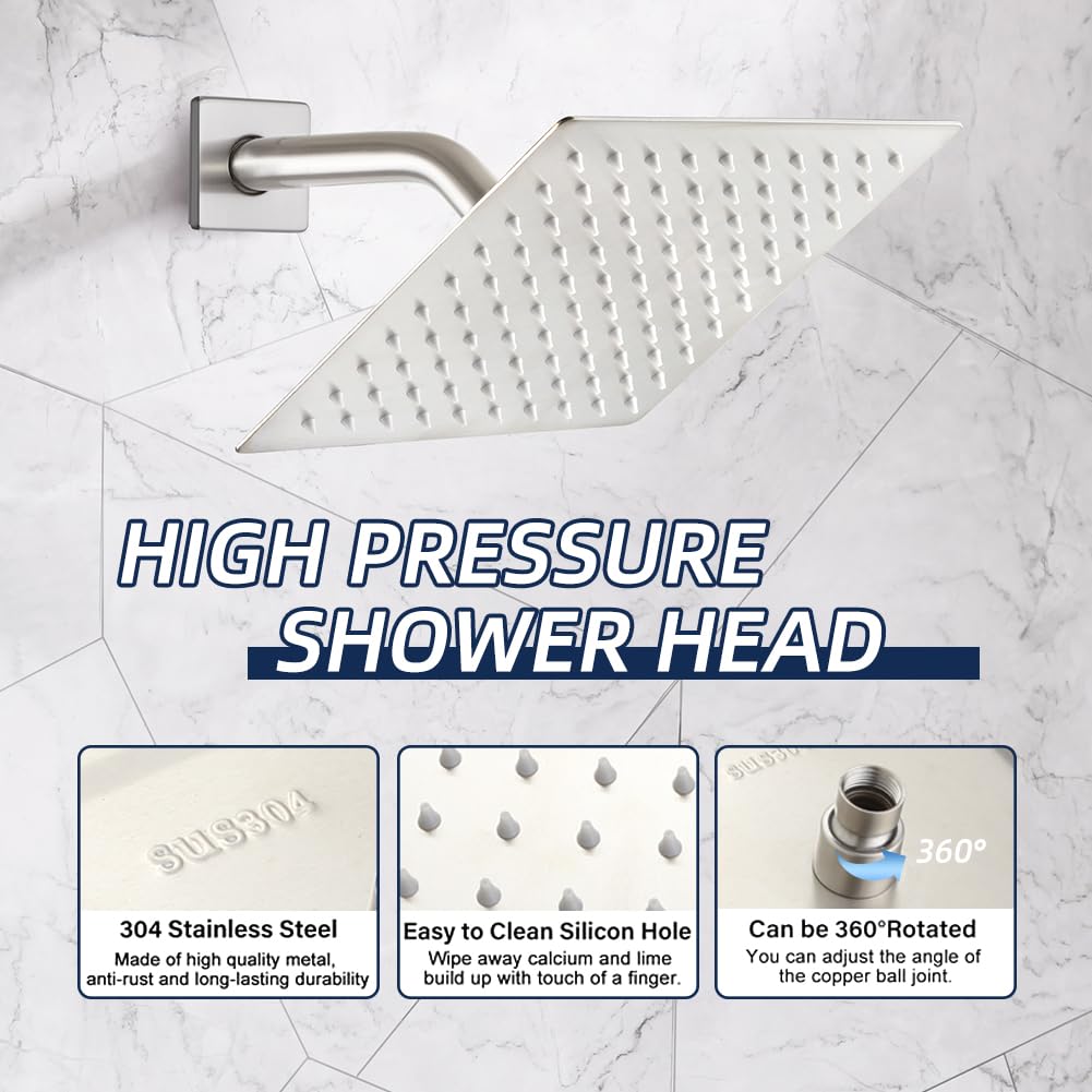 POP SANITARYWARE Shower Faucet with Tub Spout Brushed Nickel Bathroom Rain Mixer Shower System Wall Mounted Rainfall Shower Head and Handle Set, Tub and Shower Trim Kit with Rough-in Valve