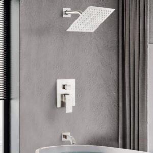 POP SANITARYWARE Shower Faucet with Tub Spout Brushed Nickel Bathroom Rain Mixer Shower System Wall Mounted Rainfall Shower Head and Handle Set, Tub and Shower Trim Kit with Rough-in Valve