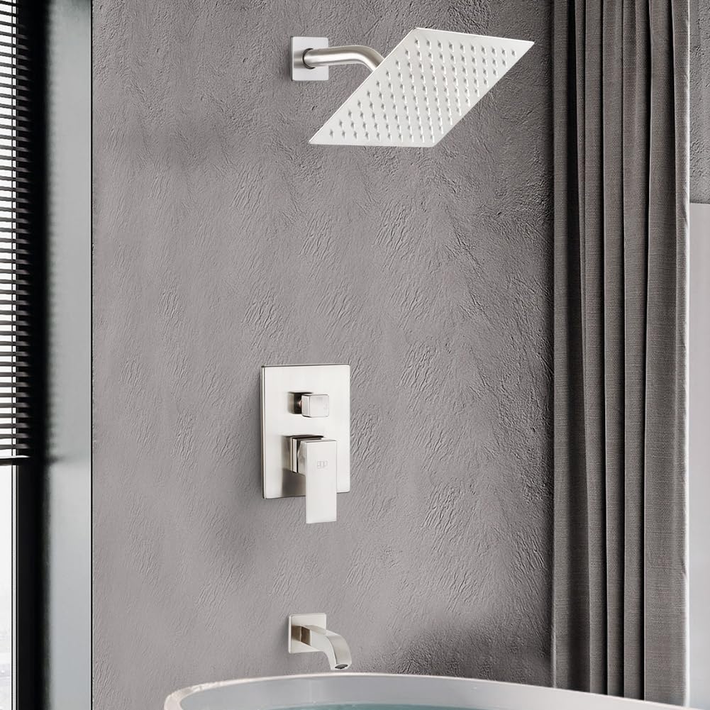 POP SANITARYWARE Shower Faucet with Tub Spout Brushed Nickel Bathroom Rain Mixer Shower System Wall Mounted Rainfall Shower Head and Handle Set, Tub and Shower Trim Kit with Rough-in Valve