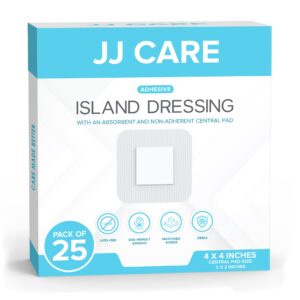 jj care adhesive island dressing [pack of 25], 4x4 sterile bordered gauze dressing, breathable, individually wrapped island wound bandages with highly absorbent non-stick center pad