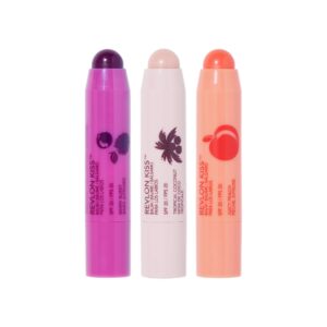 revlon lip balm, kiss tinted lip balm, face makeup with lasting hydration, spf 20, infused with natural fruit oils, 3 piece set, juicy peach, berry burst & coconut, 0.09 oz