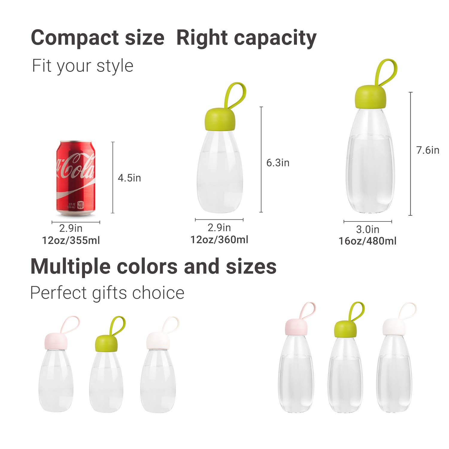 emoi BPA Free Water Bottle, 12oz/360ml Cute Water Bottle with Carrying Strap, Ideal for Kids Boys Girls Students Women Healthy Hydration-Pink