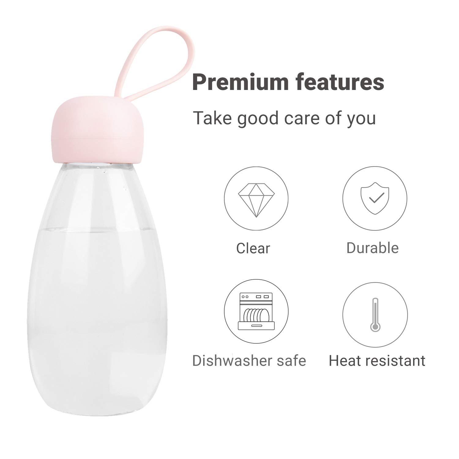 emoi BPA Free Water Bottle, 12oz/360ml Cute Water Bottle with Carrying Strap, Ideal for Kids Boys Girls Students Women Healthy Hydration-Pink