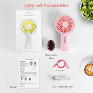 IPOW Mini Handheld Fan Personal Portable Fan 3 Speed Adjustable Angle Removable Base Lanyard USB Recharging Battery Operated Small Desk Cooling Face Fan for Home Camping Disney Travel Peach Pink