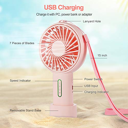 IPOW Mini Handheld Fan Personal Portable Fan 3 Speed Adjustable Angle Removable Base Lanyard USB Recharging Battery Operated Small Desk Cooling Face Fan for Home Camping Disney Travel Peach Pink