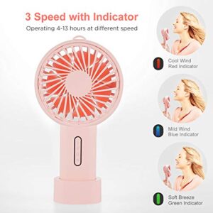 IPOW Mini Handheld Fan Personal Portable Fan 3 Speed Adjustable Angle Removable Base Lanyard USB Recharging Battery Operated Small Desk Cooling Face Fan for Home Camping Disney Travel Peach Pink